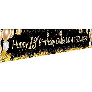 HOWAF Happy 13th Birthday Banner, Official Teenager Sign 13 Years Old Party Home Indoor Outdoor Decoration Teen Birthday Party Supplies Photo Prop Backdrop, 9X1.2 Feet