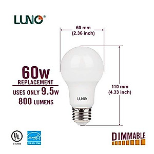 LUNO A19 Dimmable LED Bulb, 9.5W (60W Equivalent), 800 Lumens, 2700K (Soft White), Medium Base (E26),UL & Energy Star (4-Pack)
