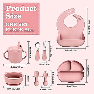 Silicone Baby Feeding Set, Baby Led Weaning Supplies with Suction Bowl Divided Plate, Toddler Self Feeding Dish Set with Spoons Forks Sippy Cup Adjustable Bib, Eating Utensils for 6+ Months(Pink)