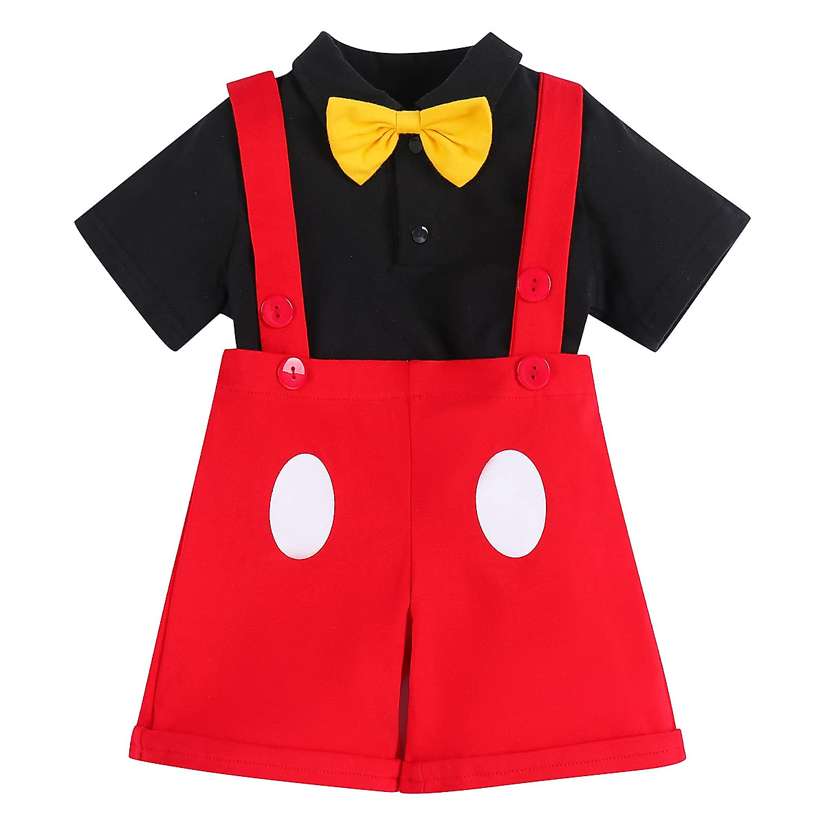 IBTOM CASTLE Gentleman First Birthday Cake Smash Photo Prop Outfits for Baby Boys Romper+Bow Tie+Overalls Bib Pants Ears Headband Halloween Baby Shower Fancy Costume Red+Balck 12-18 Months