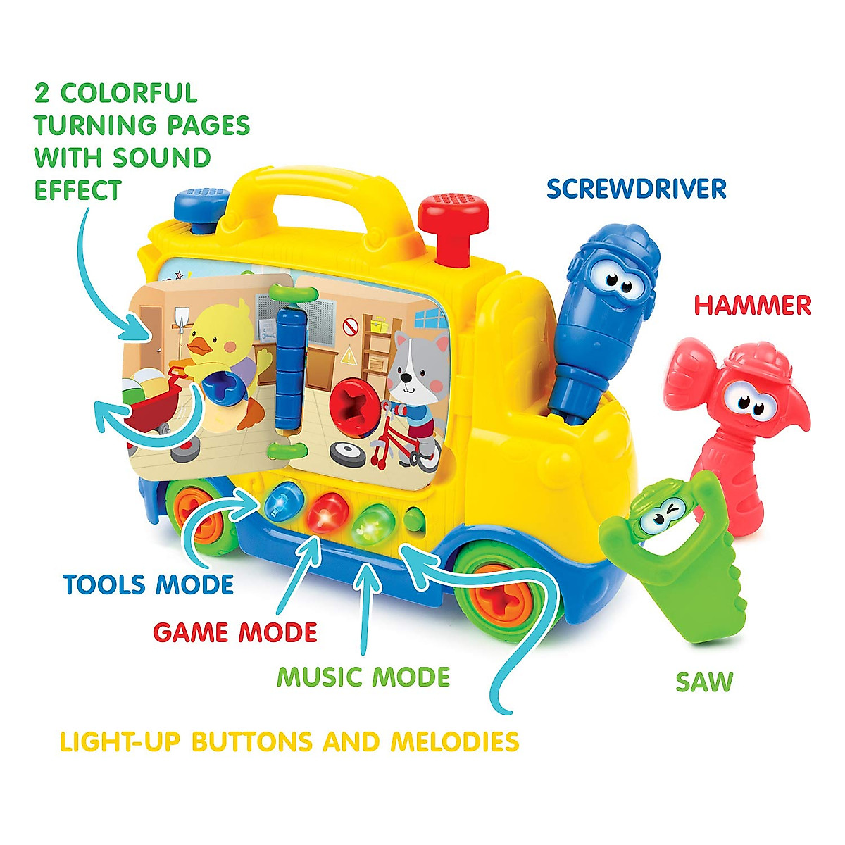 Musical Tool Truck Baby Toys, Educational Toddler Tool Set w/Hammer, Saw, Screwdriver - Interactive Preschool Learning Toys w/ 3 Play Modes, Light Up Button & Music, Montessori Baby 18 Month Old Toys