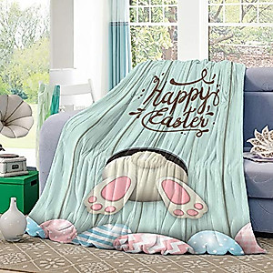 Happy Easter Flannel Fleece Throw Blanket Soft Blankets,40x50In Cute Bunny Tail Stripes Eggs Lightweight Micrifiber Blanket for Kid/Teen/Men Bedroom, Living Room Couch Sofa Teal Wooden Grain