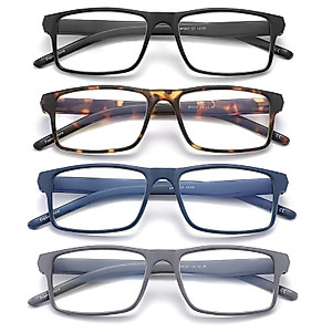 JAWSOCK 4 Pack Reading Glasses Blue Light Blocking for Men Women,Rectangular Frame Computer Readers with Spring Hinge,Anti Eyestrain/UV Ray Eyeglasses (1.0x)