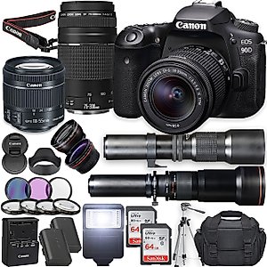 Canon EOS 90D DSLR Camera with EF-S 18-55mm f/4-5.6 is STM + EF 75-300mm f/4-5.6 III + 500mm f/8 Focus + 650-1300mm f/8 Zoom Lenses + 2 Pc 64GB Memory Cards + Tripod + Case + Flash & More
