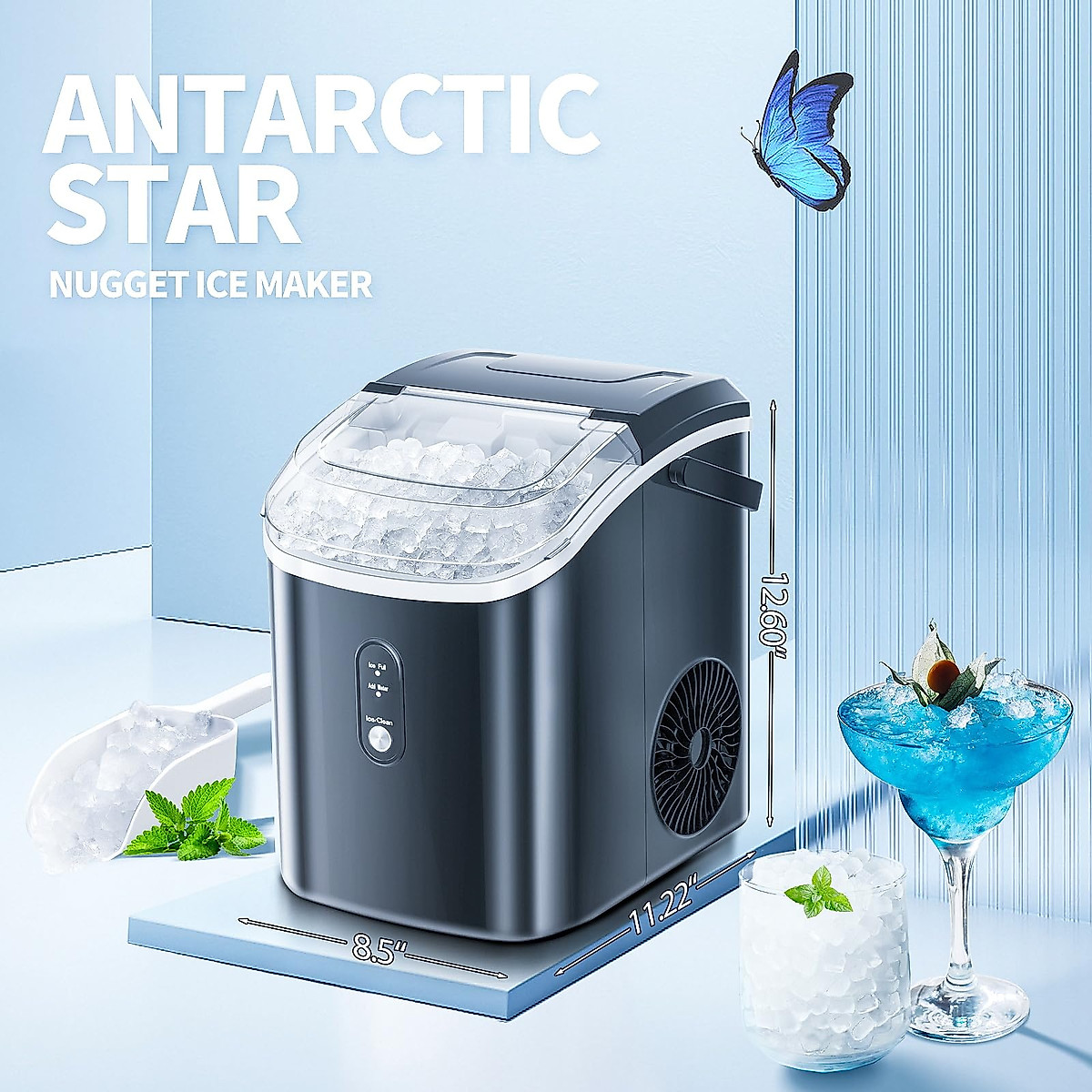 Nugget Countertop Ice Maker with Soft Chewable Pellet Ice, 34lbs/24H,Pebble Portable Ice Machine with Ice Scoop and Handle, Self-Cleaning, One-Click Operation, for Kitchen,Office Black