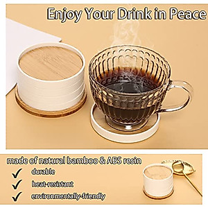 Senstap Wooden Coasters for Drinks Coffee Table, Round Drink Coasters with Holder, Set of 5 Cup Mat for Tabletop Protection, Cup Coaster with Lip 4-inch, White