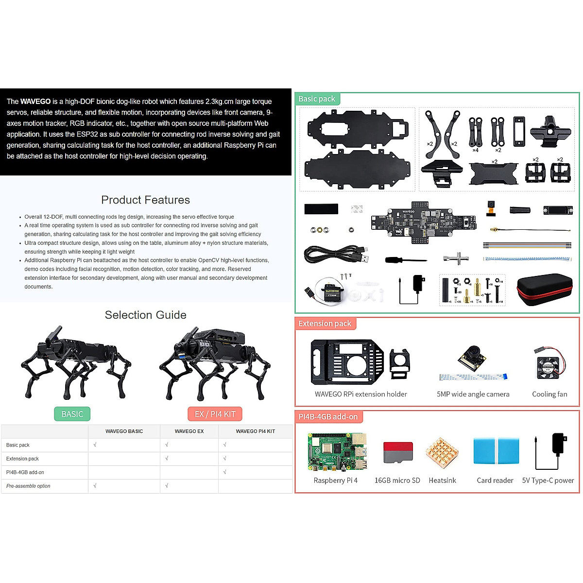 waveshare WAVEGO 12-DOF Bionic Dog-Like Robot Open Source for ESP32 and PI4B Facial Recognition Color Tracking Motion Detection Compatible with PI4B-4GB (Included) (26 Items)