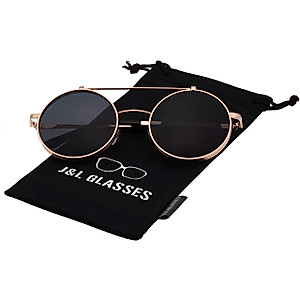 J&L Glasses Retro Flip-Up Round Goggles Steampunk Sunglasses (Golden,Black, Clear)