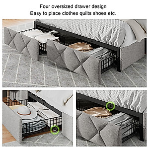 Feonase Queen Bed Frame with 4 Storage Drawers, Upholstered Button Tufted Storage Headboard with Fast Charging Station, Heavy Duty Slats Support, No Box Spring Needed, Noise-Free, Light Grey