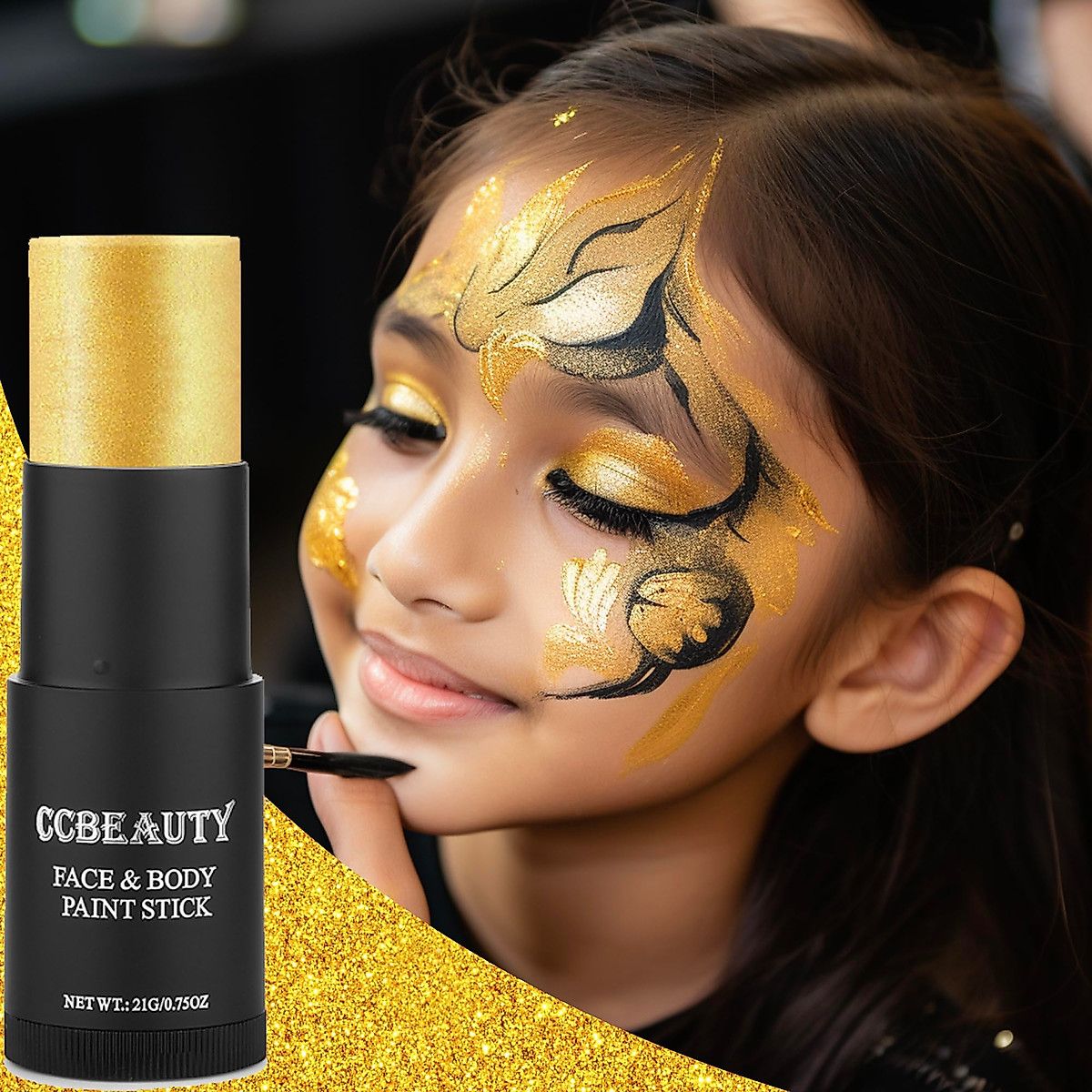 CCBeauty Metallic Gold Face Paint Stick, Cream Blendable Full Body Paint Sticks,Sweatproof Waterproof Hypoallergenic Eye Black Stick for Sports, Halloween Special Effects SFX Cosplay Parties