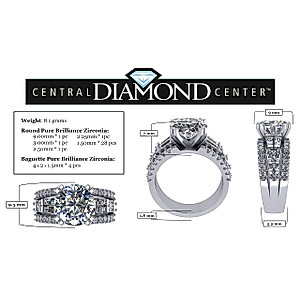 Central Diamond Center Sterling Silver Round & Baguette Engagement Ring with a 9.00mm - 3.00ct Round Center Stone - Size 4.5