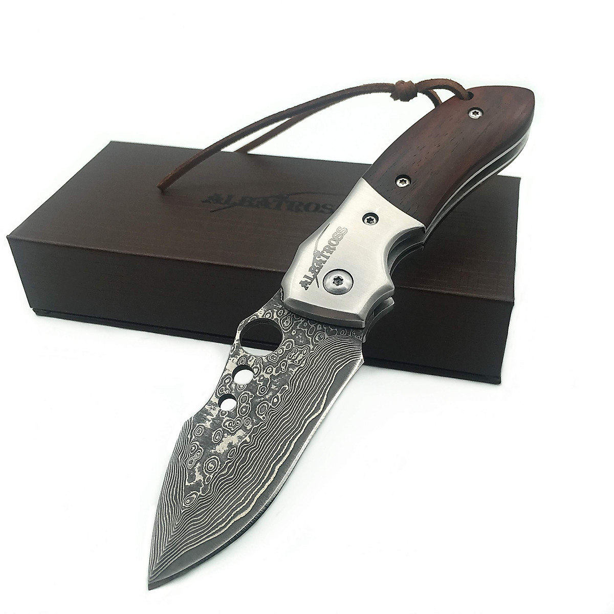 ALBATROSS HGDK007 EDC Sharp Damascus Folding Pocket Knife with Liner Lock-Cote D'Ivoire Sandalwood Handle,Gifts/Collections