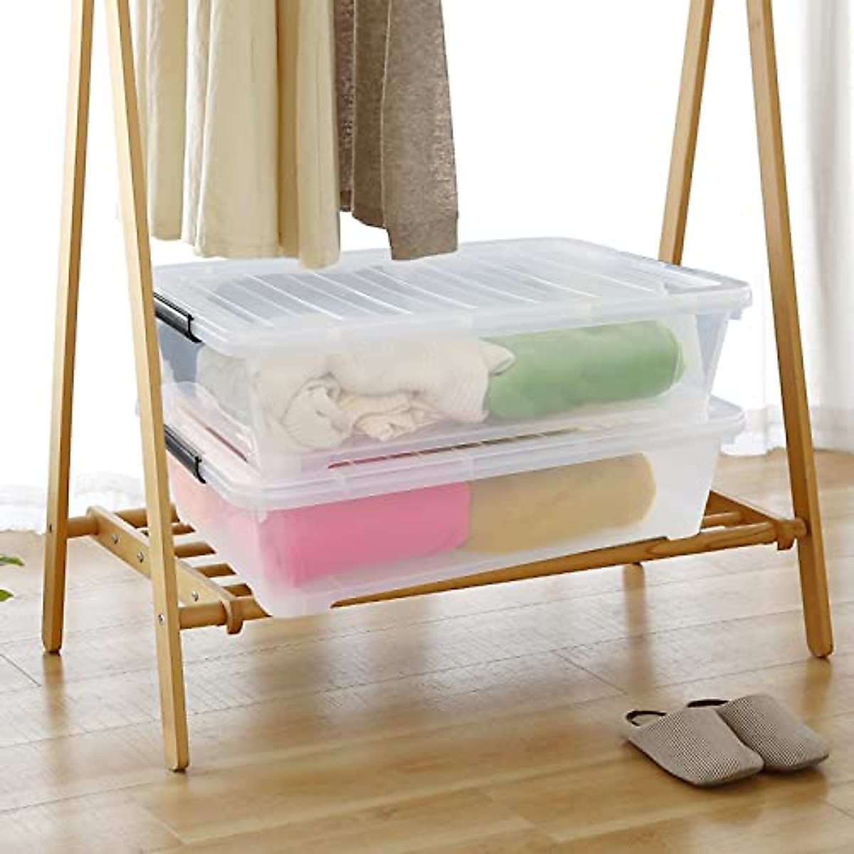 AnnkkyUS 40 Quarts Plastic Under Bed Storage Boxes with Wheels, Large Shallow Container Bins Set of 4