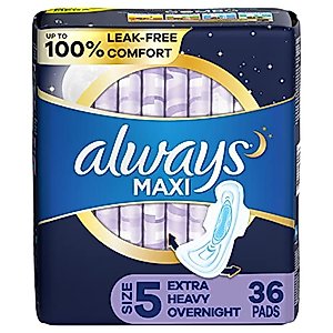 Always Maxi Feminine Pads for Women, Size 5 Extra Heavy Overnight Absorbency, with Wings, Unscented, 36 Count