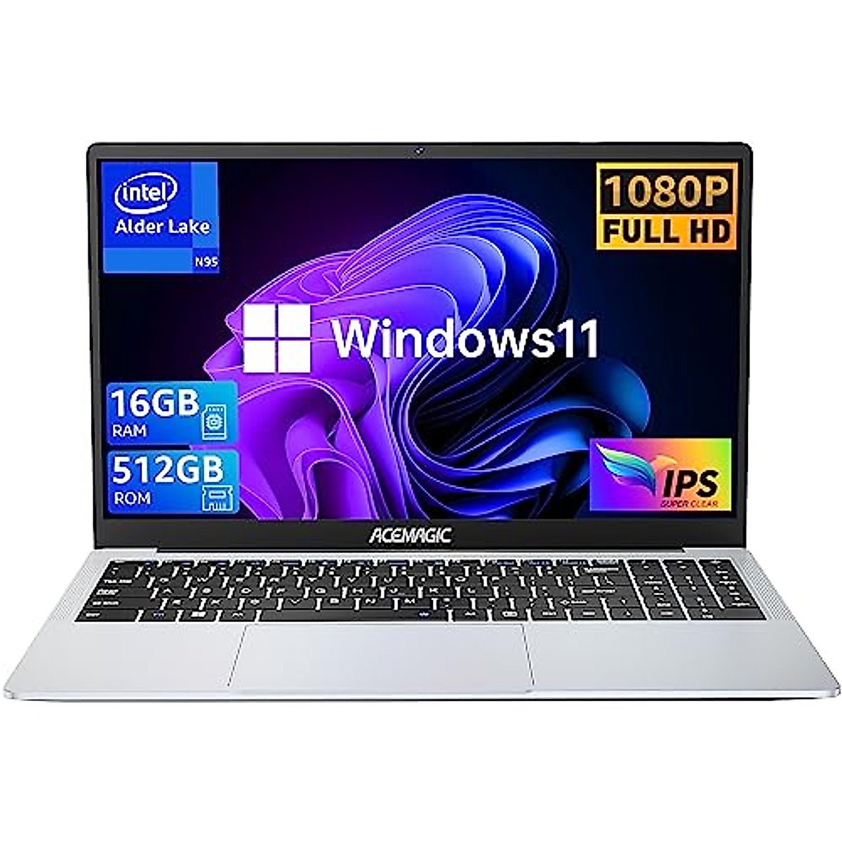 ACEMAGIC 15.6 inch Laptop Intel 12th Gen Alder Lake N95(4C/4T 3.4GHz) 16GB DDR4 512GB SSD, Laptop Computer with Light Metal Design, 2.4G/5G WiFi, BT5.0, Webcam, Type_C, USB3.2