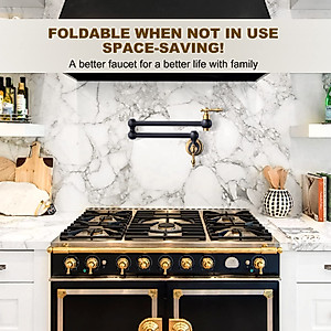 WOWOW Pot Filler Faucet Over Stove, Solid Brass Pot Filler Wall Mount Commercial Kitchen Sink Pot Filler Copper Folding Faucet, with Stretchable Double Joint Swing Arm, Black and Gold