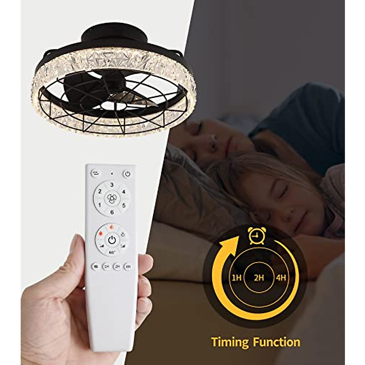 Q&S Modern Ceiling Fan with Lights,Low Profile Enclose Black Cage Semi Flush Mount Crystal Ceiling Fans with Remote 6 Speeds 3 Colors Dimmable LED Light Fixture for Bedroom Living Room Gym 18.9"