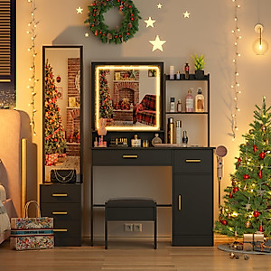 INTERGREAT Vanity Desk with Light and 2 Mirror,Makeup Vanity with 3 Color Lighting Mode,6 Drawers and Shelves,Makeup Mirror for Women and Grils' Bedroom(Black)