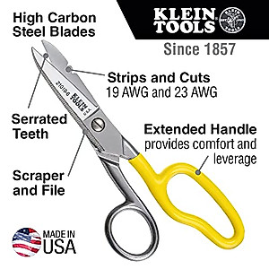 Klein Tools 21010-6-SEN Free-Fall Snip, Scraper, File, Serrated Blades, Made in USA