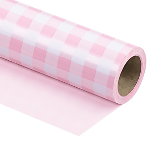 WRAPAHOLIC Reversible Wrapping Paper - Mini Roll - 17 Inch X 33 Feet - Pink and White Plaid Design for Birthday, Holiday, Wedding, Baby Shower