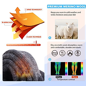 Hylaea Merino Wool Ski Socks, Cold Weather Socks for Snowboarding, Snow, Winter, Hunting, Thermal, Knee-high Warm, Outdoor Sports Grey Black 2 Pairs X-large