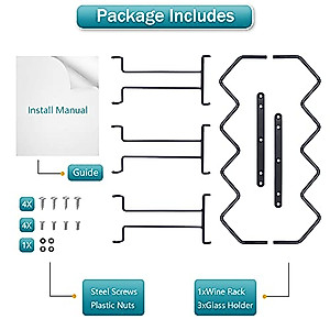 Wine Glass Rack Under Cabinet Stemware Rack and Wine Bottle Holder Kitchen Storage with 4 Bottle Organizer and 6 Glass Holder (1 Set, Matte Black)