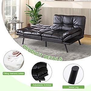 MUUEGM Faux Leather Memory Foam Convertible FoldIing Futon Sofa Bed, Modern Lounge Sofa with Adjustable Backrest Armrests, Futon Couch for Living Room with Loveseats in Black.（Leather,Black）