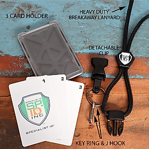 Specialist ID Vertical Top Load Three Card Badge Holder - Hard Plastic with Heavy Duty Breakaway Lanyard w Quick Release Metal Clip & Key Ring (One Holder / 3 Cards Inside) (Black)