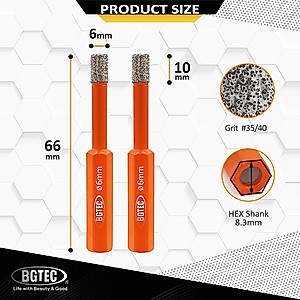 BGTEC Dry Diamond Core Drill Bits 2pcs 1/4" Tile Drill Bits with Hex Shank for Granite Marble Porcelain Tile Ceramic Masonry