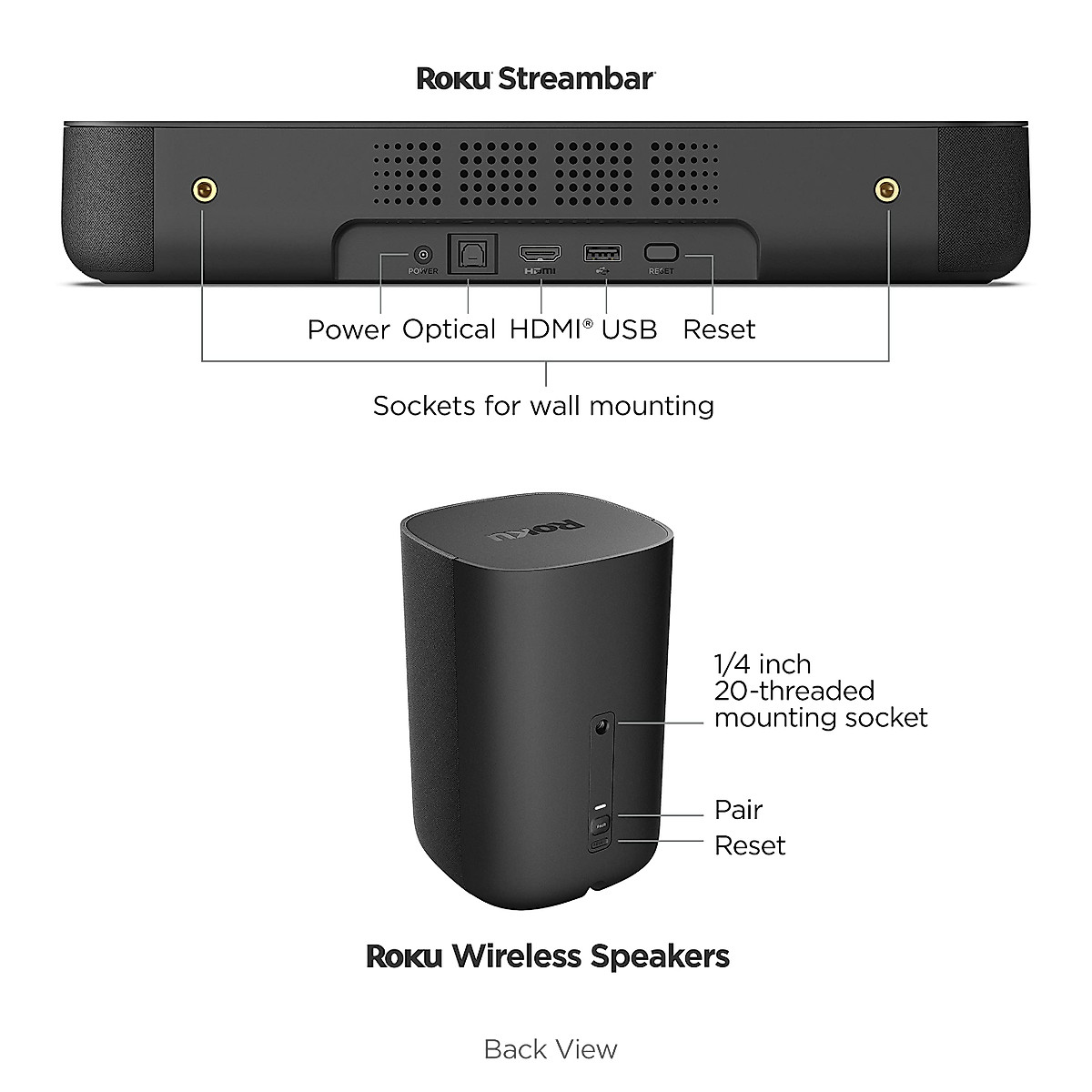 Roku Streambar Wireless Speakers | 4K HDR Streaming Device & Premium Soundbar All in One, Two Wireless TV Speakers, Voice Remote, Free & Live TV