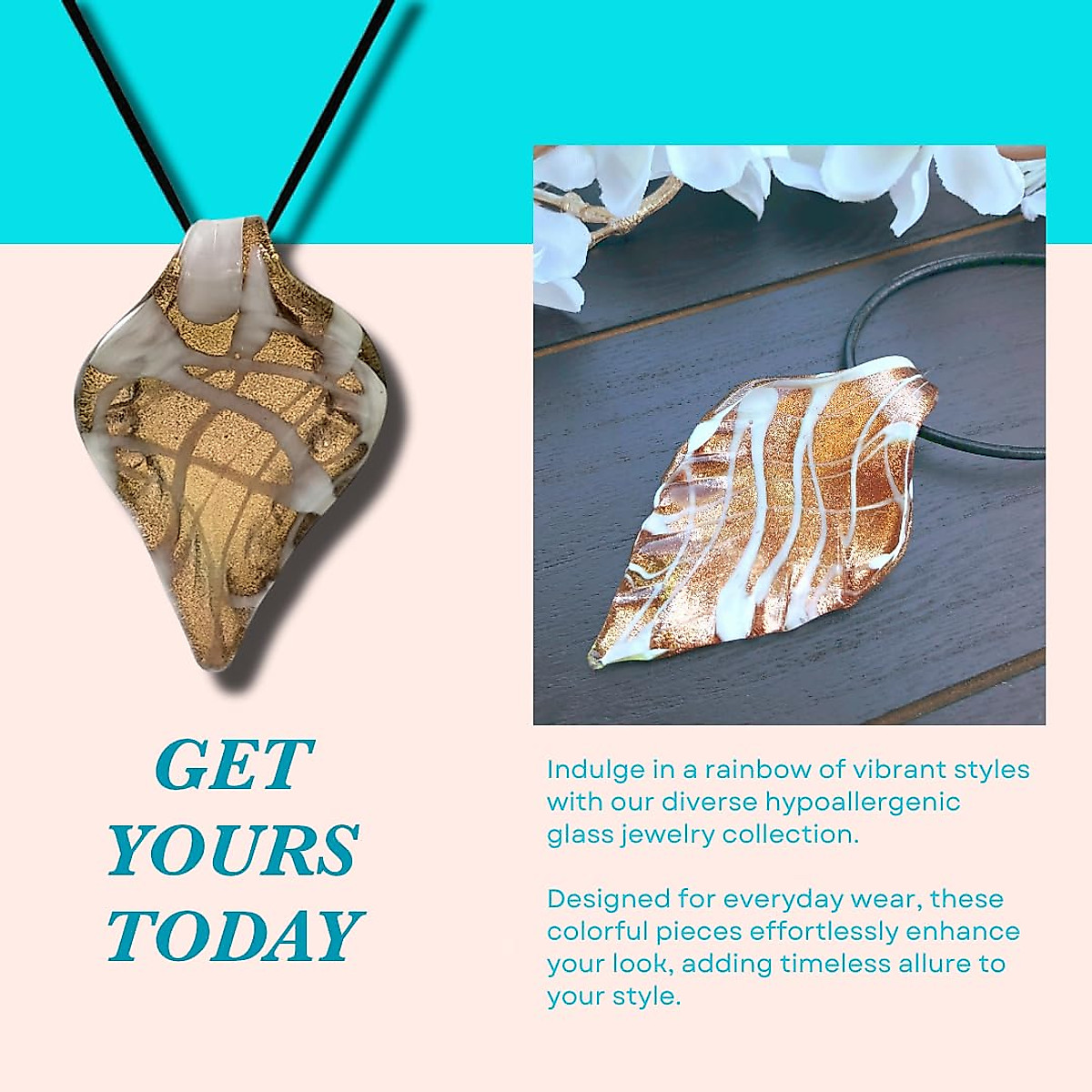 BESHEEK Handmade Murano Inspired Blown Abstract Glass Lampwork Art Pendant Necklace for Women Handcrafted Artisan Hypoallergenic Italian Style Jewelry (Goldtone Leaf Glass)