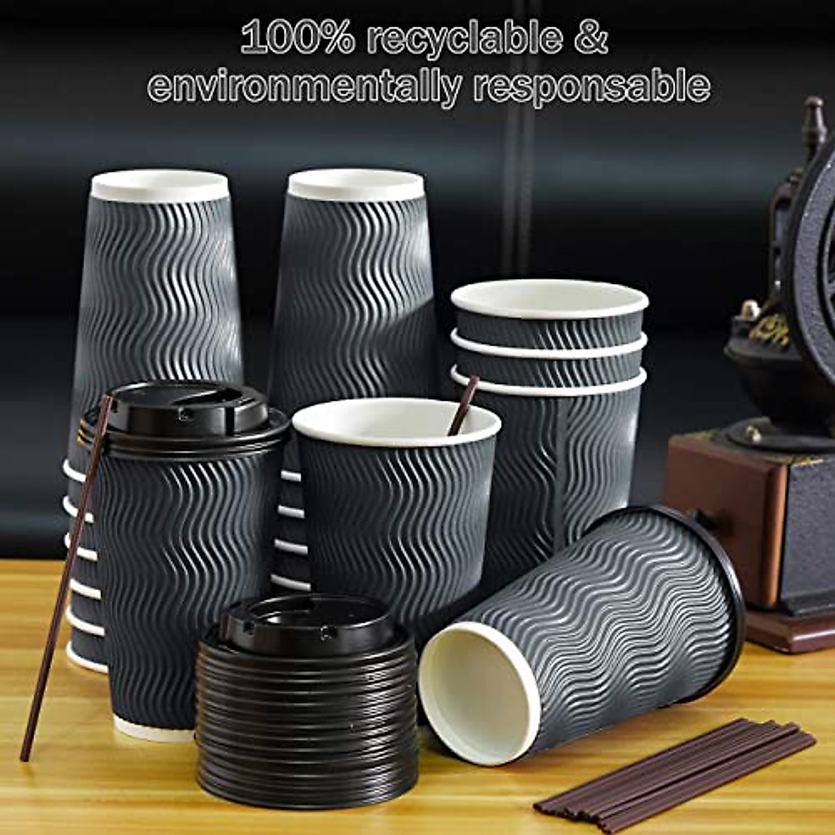 Disposable Coffee Cups with Lids and Straws - 16 oz (90 Set) Togo Hot Paper Coffee Cup with Lid To Go for Beverages Espresso Tea Insulated Reusable Cold Drinks Ripple Cups Protect Fingers From Heating
