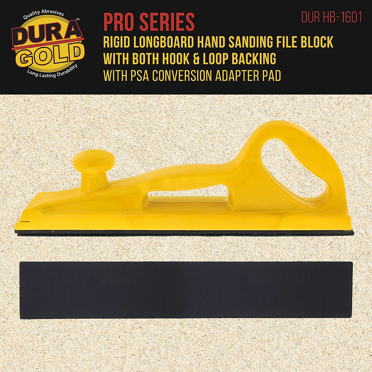 Dura-Gold Pro Series Rigid Longboard Hand Sanding File Block with Both Hook & Loop Backing and PSA Backing Conversion Adapter Pad - For Continuous Rolls or 16-1/2" x 2-3/4" Sandpaper Sheets, Auto Wood