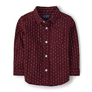 The Children's Place Baby Boys' and Toddler Poplin Long Sleeve Button Down Shirt, Redwood Dot, 2T