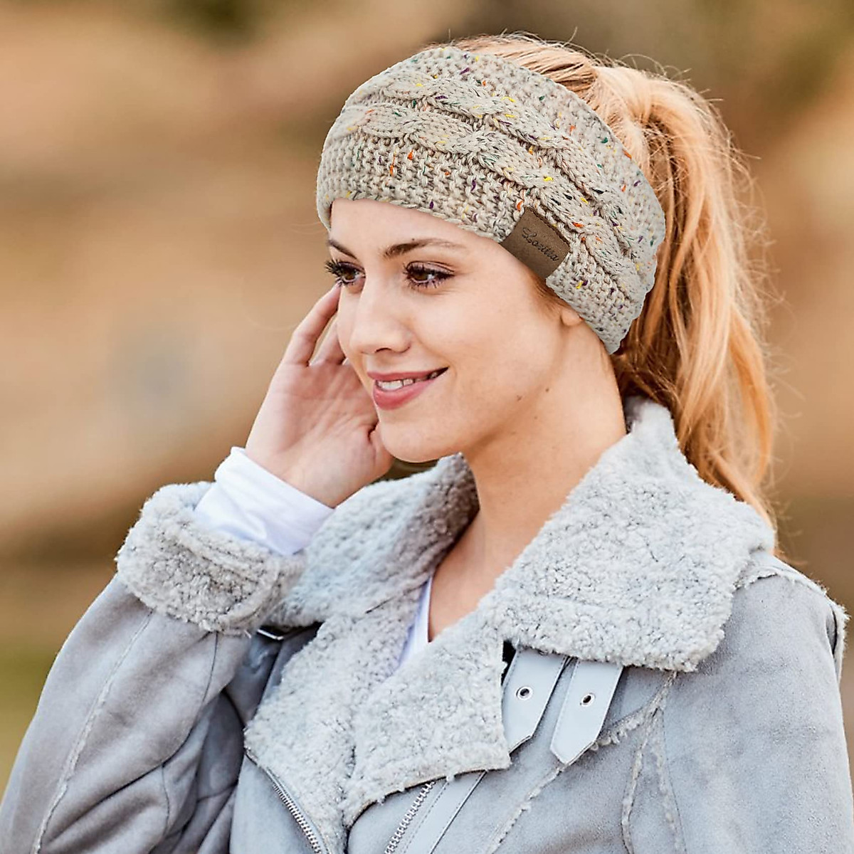 Loritta Womens Ear Warmers Headbands Winter Warm Fuzzy Cable Knit Head Wrap Fleece Lined Gifts,Beige