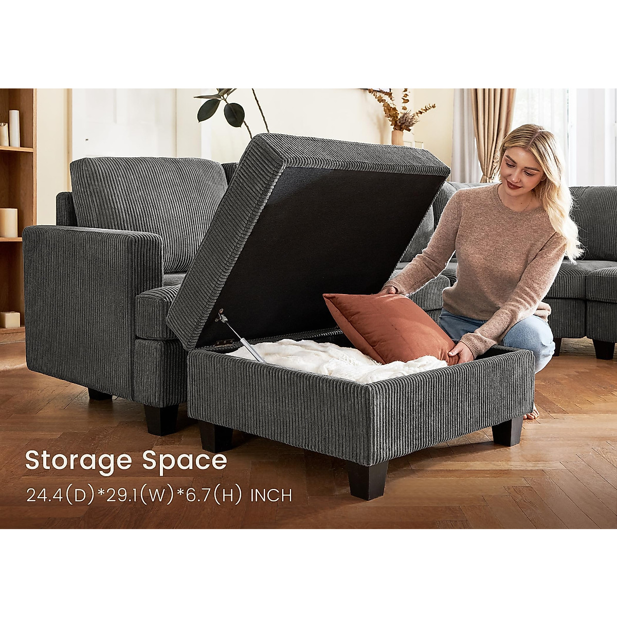 Nolany Corduroy Sectional Couch with Storage Ottoman, U Shape Sectional Sofa with Storage Chaise, Modular Sectional Couches for Living Room, Dark Grey