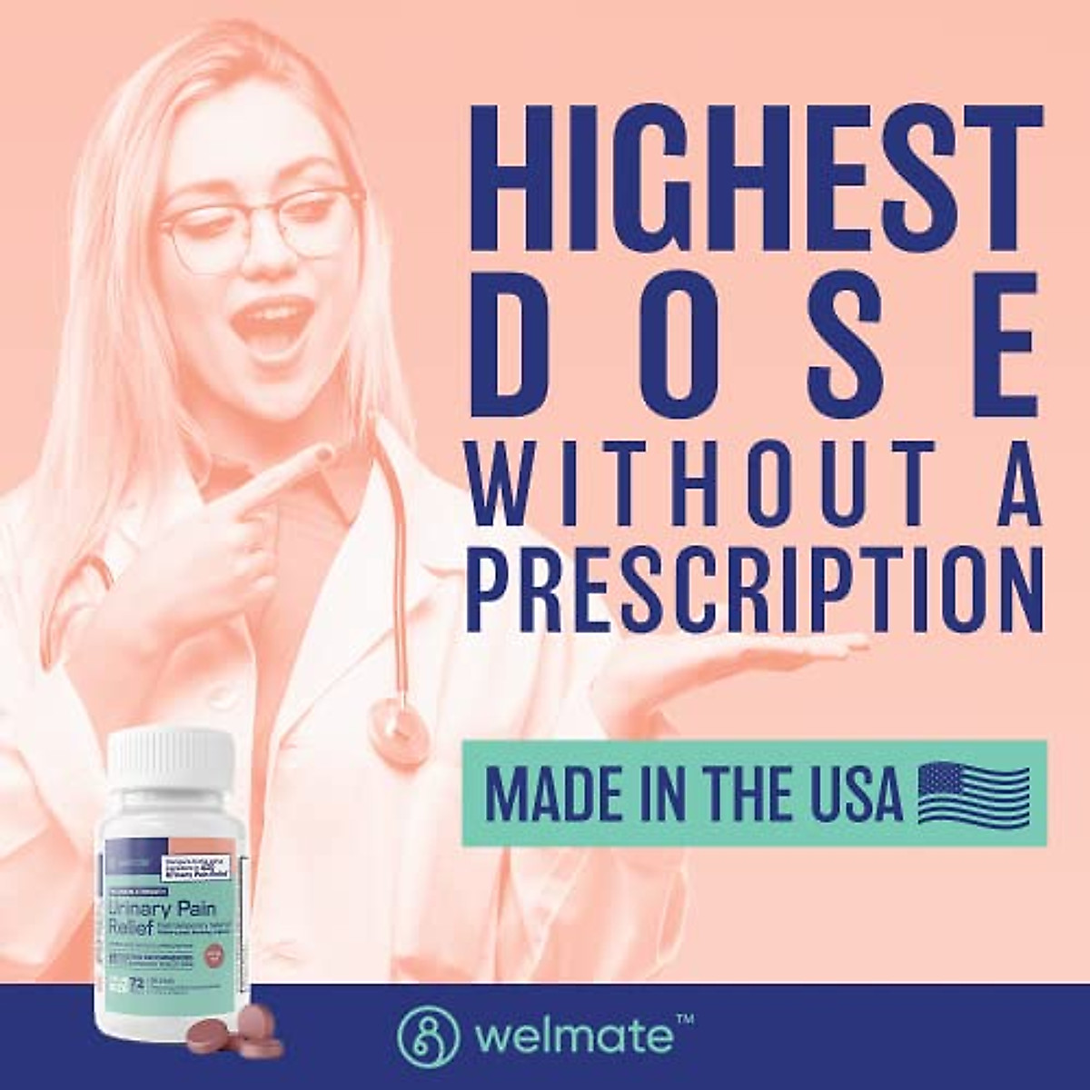 WELMATE Urinary Pain Relief | UTI Relief | Fast Acting | Bladder Discomfort & Pain Relief | Phenazopyridine Hydrochloride 99.5mg | 72 Count Tablets