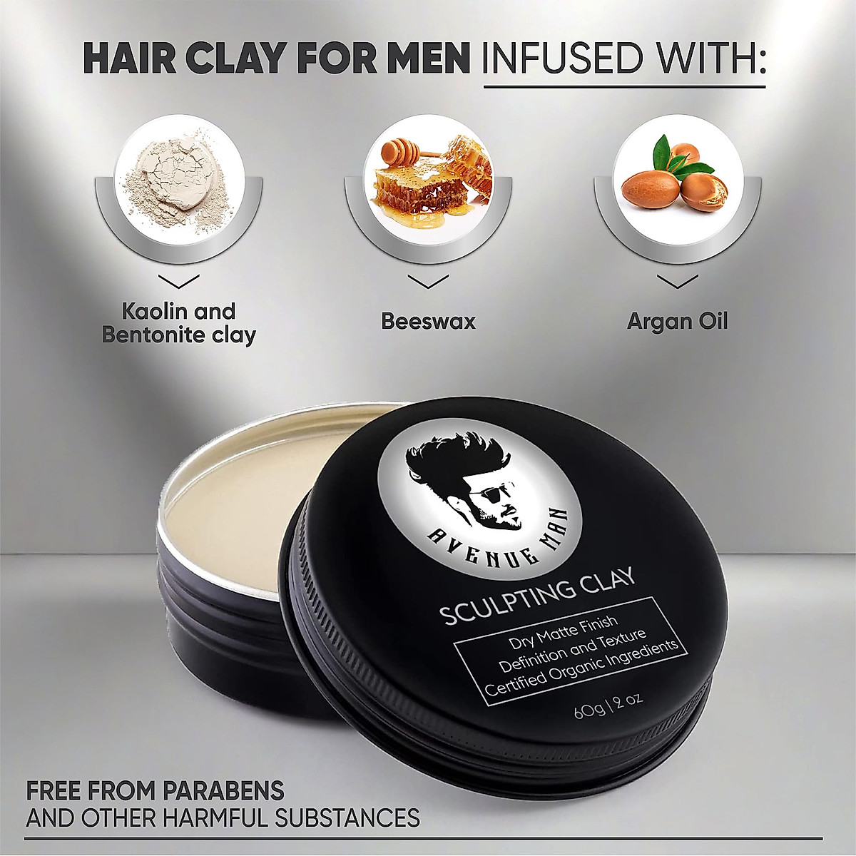 Avenue Man Hair Clay for Men - Matte Finish Sculpting Clay - Strong Hold, Maximum Definition and Textured Control - For All Hair Types - Infused with Beeswax, Kaolin Clay and Argan Oil - 3.0oz/90g