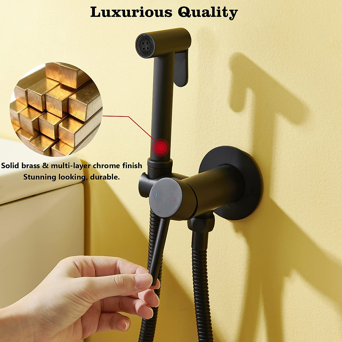 Poopee Warm Water Bidet Sprayer for Toilet with Hot and Cold Brass Rough-in Valve, Stainless Steel Handheld Bidet Attachment Set for Feminine, Pets and Baby Diaper Wash, Matte Black