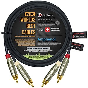 10 Foot RCA Cable Pair - Gotham GAC-4/1 (Black) Star-Quad Audio Interconnect Cable with Amphenol ACPR Die-Cast, Gold Plated RCA Connectors - Directional
