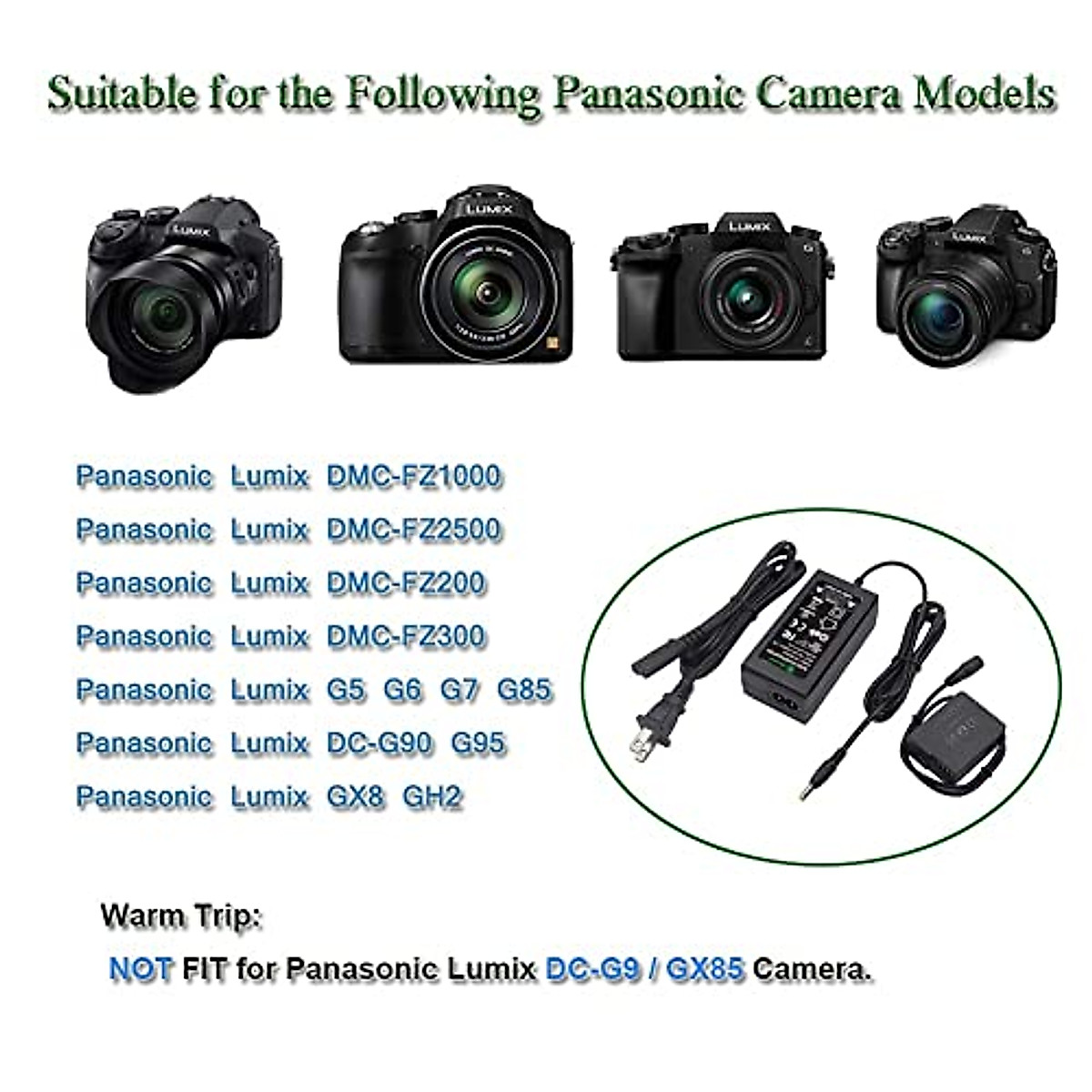 DMW-DCC8 Gonine DC Coupler DMW-AC8 AC Power Adapter Camera Charger Kit (DMW-BLC12 Battery Replacement) for PANASONIC DMC-FZ200, DMC-FZ1000, DMC-GH2, DMC-G5, DMC-G6, DMC-G7, Lumix GX8 G85 Cameras.