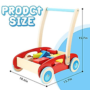 Pitpat Wooden Baby Walker with Building Blocks for 1 Year Old and up, Wooden Push Toy for 12 Month, Wooden Cart with Blocks(35 PCs)