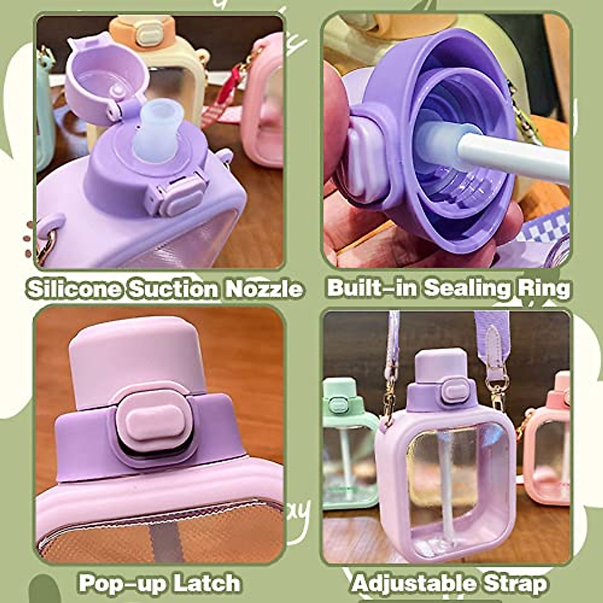 Kawaii Water Bottle for Girls Cute Water Bottles with Straw, Portable Leak Proof Square Kawaii Water Bottle with Stickers and Adjustable Strap - for Outdoor Sports Travel, BPA-Free, 24oz (Purple)