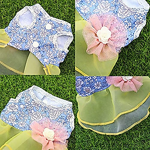 Pet Cute Floral Small Dog Dress For Girl Boy Cats Rabbit Fancy Tutu Adorable Princess Petite Vest Doggie Dresses With Mesh Flower For Pomeranian Chihuahua Skirt Summer Style Puppy Supplies (Yellow, S)