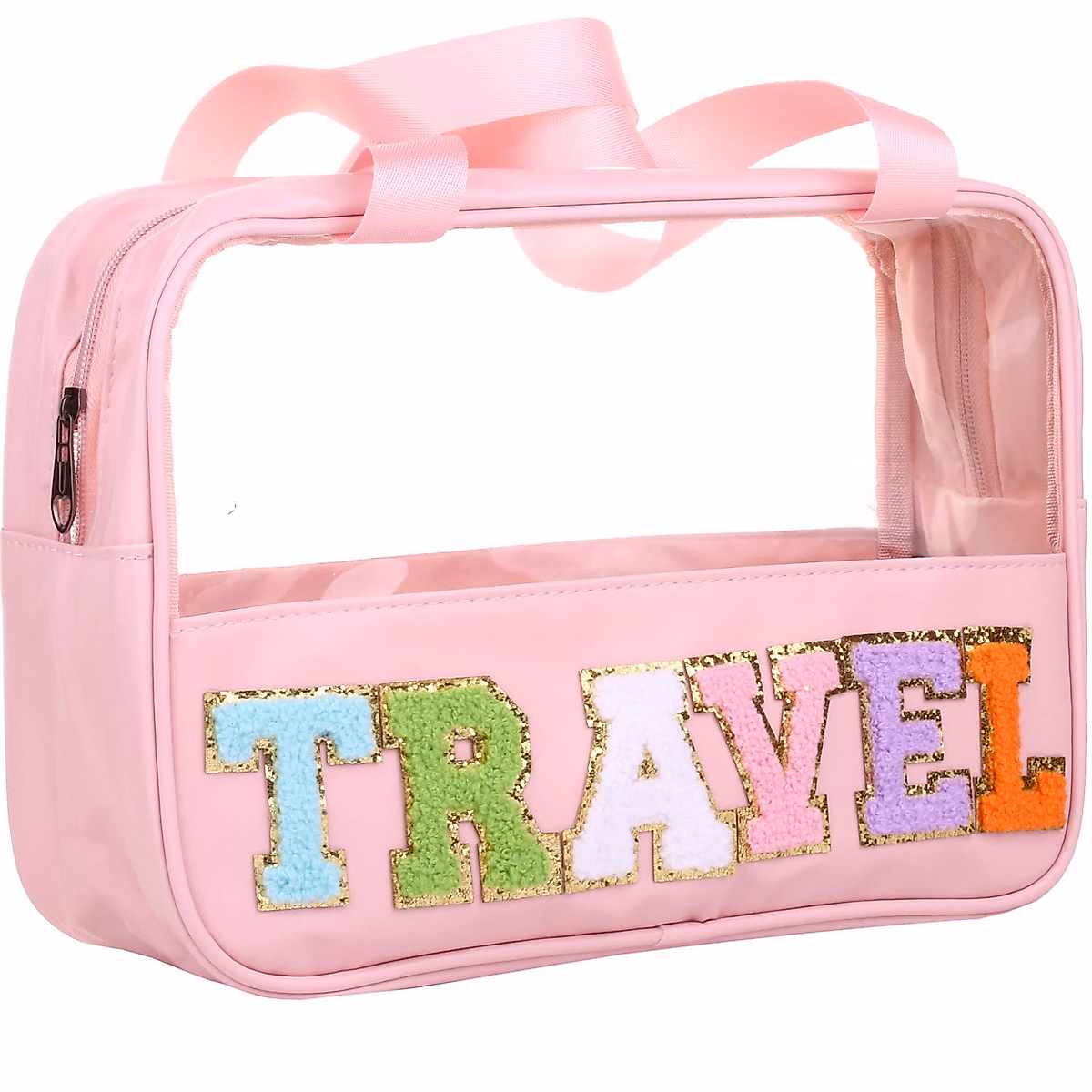 CRUOXIBB Chenille Letter Patch Clear PVC And PU leather Large Travel Makeup Toiletry Storage Bag Waterproof Makeup Tote Bag for Women (Travel-Pink)