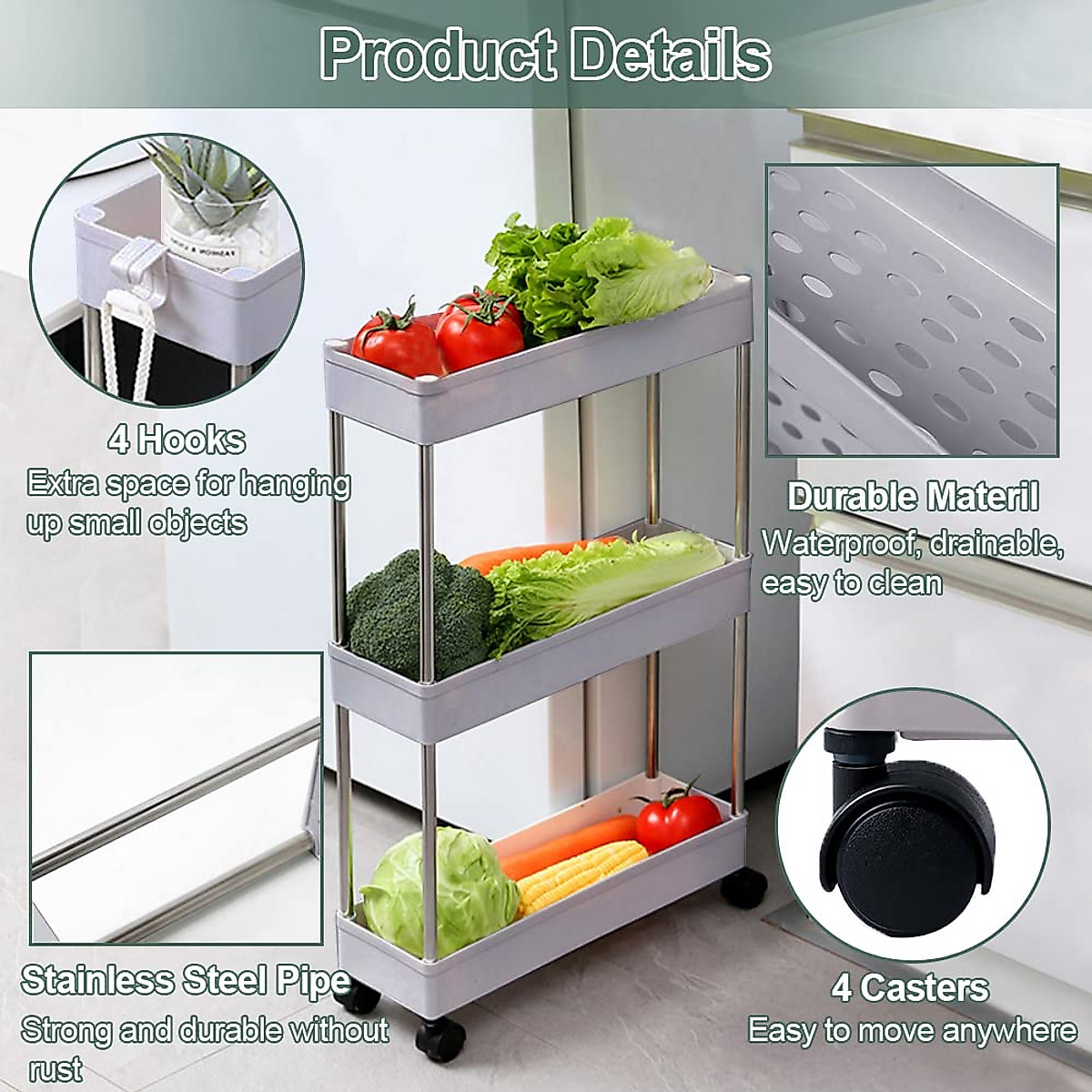 Slim Storage Cart, 3 Tier Mobile Shelving Unit Organizer, Slide Out Rolling Utility Cart Shelf Rack for Kitchen Bathroom Laundry Room Narrow Places, Plastic & Stainless Steel, Gray