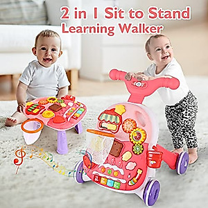 Eners Sit to Stand Baby Learning Walker with Wheels, Baby Activity Walker, 2 in 1 Baby Push Walkers and Activity Center, Walker for Baby Boy Girl (Walker Pink)