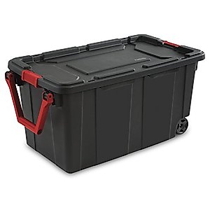 Astede 40 Gallon/151 Liter Wheeled Industrial Tote Black Lid And Base W/ Racer Red Handle And Latches 2-pack
