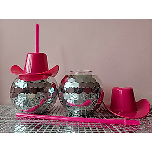 thepinkcow Hot Pink Cowboy Hat Disco Ball Cups, Glitter Shiny Cocktail Tumbler, Space Cowboy Cowgirl Birthday Bachelorette Western Themed Party Decorations Supplies, Rodeo Party Cups, Set of 8
