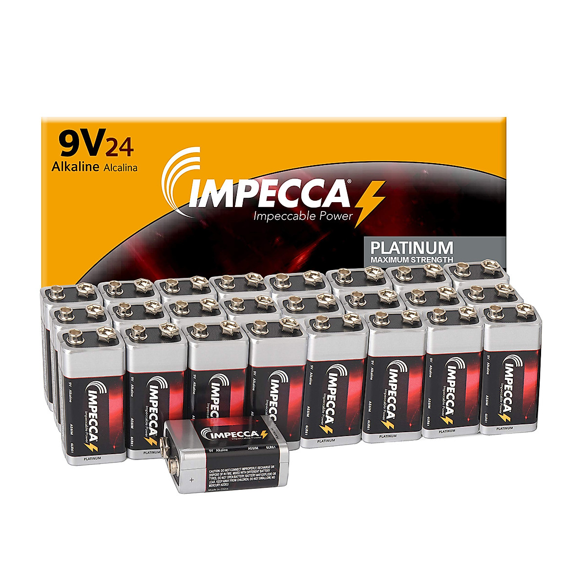 Impecca 9 Volt Batteries, Premium Alkaline (24-Pack) High Performance, Ultra Long Lasting, and Leak-Resistant All-Purpose 9V, 24 Count, 6LR61 - Platinum Series
